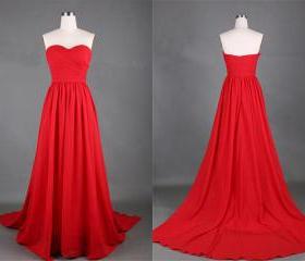 Sweetheart Red Chiffon Ruffle Simple Elegant Long Red Prom Dress on Luulla
